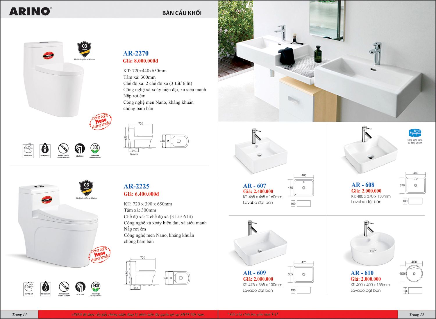 Thiết bị vệ sinh Arino, Bồn cầu Arino, Bảng giá Arino, Catalogue Arino ...